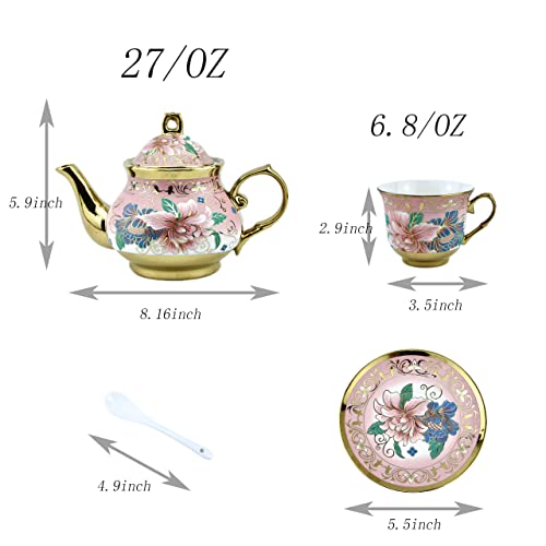 20 Pieces Porcelain Tea Set With Metal Holder, European Ceramic tea set for adults,Flower Tea Set,Tea Set For Women With Flower Painting (Large version, Pink)