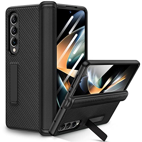 Ruky Kickstand Case for Galaxy Z Fold 4, Hinge Protection, Full Body & Built-in Screen Protector, PU Leather Stand Case for Samsung Galaxy Z Fold 4 5G, Carbon Fiber