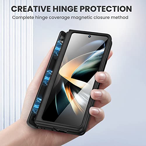 Ruky Kickstand Case for Galaxy Z Fold 4, Hinge Protection, Full Body & Built-in Screen Protector, PU Leather Stand Case for Samsung Galaxy Z Fold 4 5G, Carbon Fiber