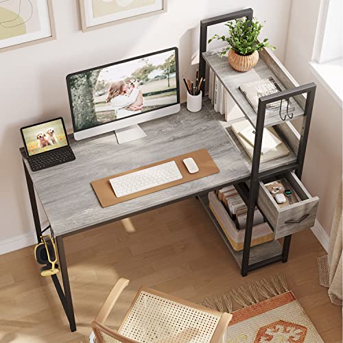 Bestier Home Office Desk with Drawer and Cable Management Rack, 47 Inch Computer Desk with Shelves, Writing Desk with Reversible Storage Bookshelf (Retro Grey Oak Light)