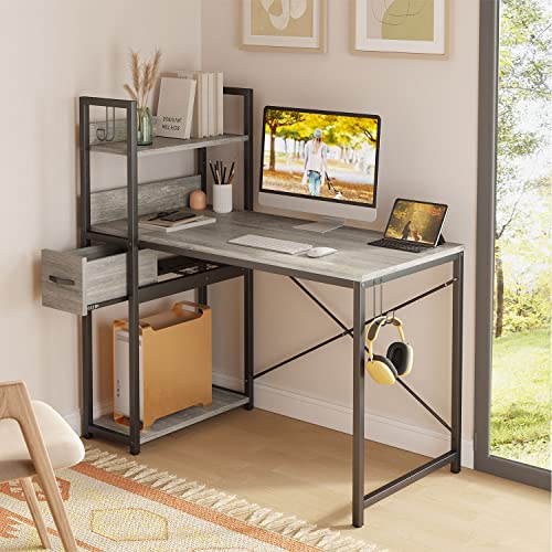 Bestier Home Office Desk with Drawer and Cable Management Rack, 47 Inch Computer Desk with Shelves, Writing Desk with Reversible Storage Bookshelf (Retro Grey Oak Light)