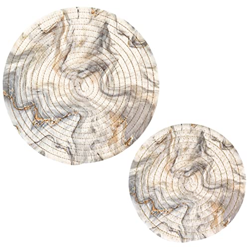 Boccsty White Gold Marble Trivet Mat 2PCS Round Woven Potholders Kitchen Table Countertop Protector Hot Pads Farmhouse Coasters Counter Mats?for Cooking Baking