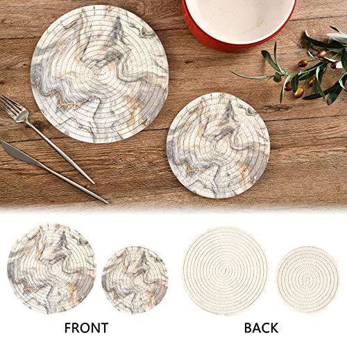 Boccsty White Gold Marble Trivet Mat 2PCS Round Woven Potholders Kitchen Table Countertop Protector Hot Pads Farmhouse Coasters Counter Mats?for Cooking Baking