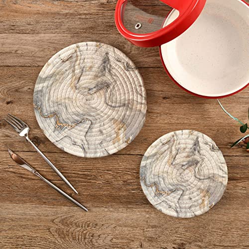 Boccsty White Gold Marble Trivet Mat 2PCS Round Woven Potholders Kitchen Table Countertop Protector Hot Pads Farmhouse Coasters Counter Mats?for Cooking Baking