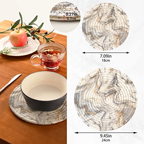 Boccsty White Gold Marble Trivet Mat 2PCS Round Woven Potholders Kitchen Table Countertop Protector Hot Pads Farmhouse Coasters Counter Mats?for Cooking Baking