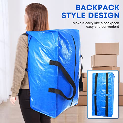 Heavy Duty Moving Bags Large Storage bag with Backpack Straps Strong Handles & Zippers, Clothes Blanket Packing Bags for Space Saving, Alternative to Moving Boxes College Moving Supplies Blue (4 Pack)