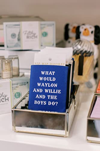 Southern Roots Theme Can Cooler, US Made, 12 oz Sleeves for Soda, Beer, Seltzer, Beverages (single) (What Would Waylon and Willie and The Boys Do, Royal Blue w/ White Lettering, Foam) | Sip Hip Hooray