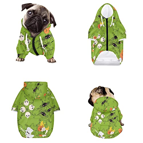 DDFS Halloween Dog Costumes Small Size Dog Hoodies Sweatshirt Print Spider&Ghost Fashion Design Green Doggy Jacket Pup Apparel Keep Warm Winter Dog Clothes Puppy Outfit for Halloween Party