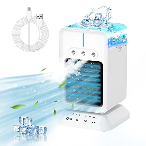 Portable Air Conditioner Fan, 4-In-1 Evaporative Mini AC Unit & Air Cooler with 3 Speeds, Personal Desktop Cooling Fan with 3 Mists for Office/Bedroom/Small Room, 2H/4H Timer & Auto Rotation