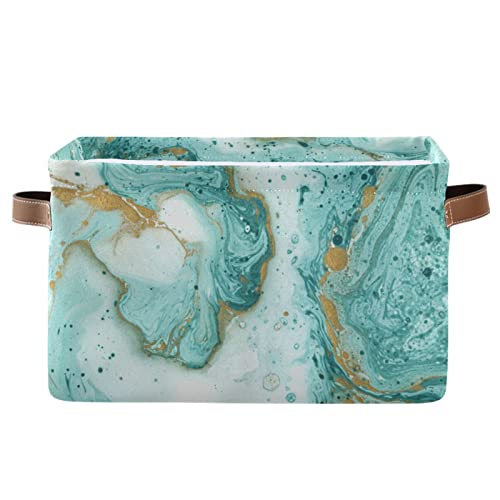 Kigai Turquoise Marble Texture Storage Baskets Rectangle Foldable Canvas Fabric Organizer Storage Boxes with Handles for Home Office Decorative Closet Shelves Clothes Storage