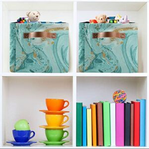 Kigai Turquoise Marble Texture Storage Baskets Rectangle Foldable Canvas Fabric Organizer Storage Boxes with Handles for Home Office Decorative Closet Shelves Clothes Storage