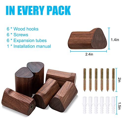 GAUYEBY Wood Wall Hooks 6 Pack, Natural Wooden Rustic Wall Hook, Handmade Coat Hooks Hat Hooks, Entry Way Wall Hangers, Modern Decorative Hooks for Hanging Towels, Clothes, Bags (Walnut)