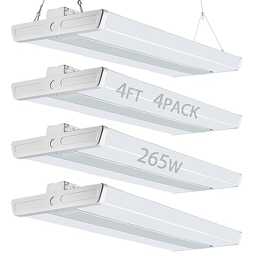 Lightdot 4 Pack LED High Bay Shop Light, 4FT (Large Area Illumination) 265W 37100LM [Eqv.1060W MH/HPS] 5000K Linear Hanging Light for Warehouse, Energy Saving Upto 10000KW*4/5Yrs(5Hrs/Day)