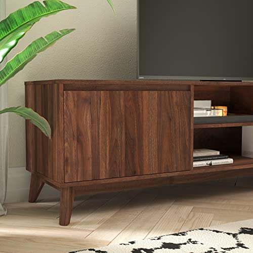 Flash Furniture Hatfield Mid-Century Modern TV Stand For 65+ Inch TV's - Walnut Laminate Finish - 70 Inch Media Center - Adjustable Center Shelf - Soft Close Doors,Dark Walnut