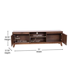 Flash Furniture Hatfield Mid-Century Modern TV Stand For 65+ Inch TV's - Walnut Laminate Finish - 70 Inch Media Center - Adjustable Center Shelf - Soft Close Doors,Dark Walnut