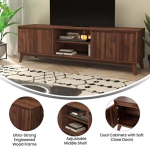 Flash Furniture Hatfield Mid-Century Modern TV Stand For 65+ Inch TV's - Walnut Laminate Finish - 70 Inch Media Center - Adjustable Center Shelf - Soft Close Doors,Dark Walnut