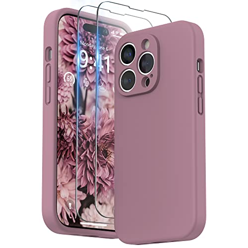 SURPHY Designed for iPhone 14 Pro Case with Screen Protector, (Camera Protection + Soft Microfiber Lining) Liquid Silicone Phone Case, Lilac Purple