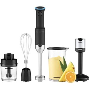 chefman cordless portable immersion blender 5-in-1 blender set, ice crushing power with one-touch speed control, comes with potato masher, whisk, chopper, beaker, and storage case, stainless steel