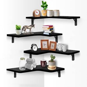 manfuou corner floating shelves wall set of 4, natural mounted rustic wood corner display shelves floating storage shelves for wall, bedroom, bathroom, living room, kitchen, office and more(black)