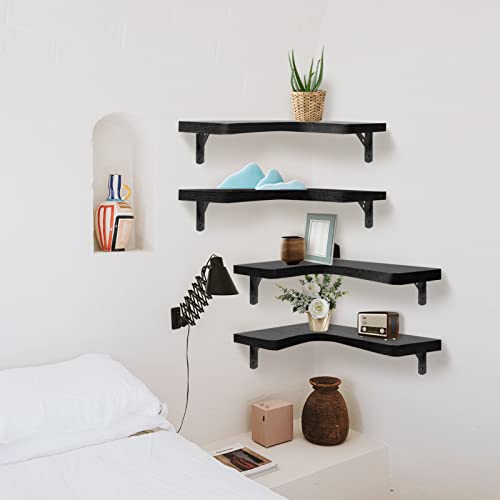 Manfuou Corner Floating Shelves Wall Set of 4, Natural Mounted Rustic Wood Corner Display Shelves Floating Storage Shelves for Wall, Bedroom, Bathroom, Living Room, Kitchen, Office and More(Black)