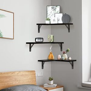 Manfuou Corner Floating Shelves Wall Set of 4, Natural Mounted Rustic Wood Corner Display Shelves Floating Storage Shelves for Wall, Bedroom, Bathroom, Living Room, Kitchen, Office and More(Black)