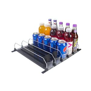 cndse soda can organizer for refrigerator,spring loaded fridge drink organizer,width-adjustable push rod slide rail drink dispenser for refrigerator,black (14.96in-5)