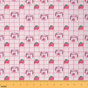 cute strawberry milk outdoor fabric by the yard,pink checker grid fabric for lovely fruit theme upholstery and home diy projects,kawaii kids girls precut fabric squres,3 yards