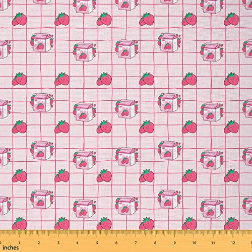 Cute Strawberry Milk Outdoor Fabric by The Yard,Pink Checker Grid Fabric for Lovely Fruit Theme Upholstery and Home DIY Projects,Kawaii Kids Girls Precut Fabric Squres,3 Yards