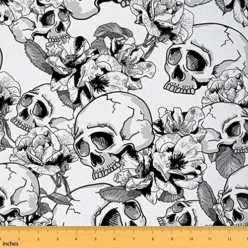 Erosebridal Sugar Skull Upholstery Fabric, Retro Floral Fabric by The Yard, Halloween Gothic Theme Decorative Fabric, Hand Drawn Skeleton Bones Waterproof Fabric, Black White, 1 Yard