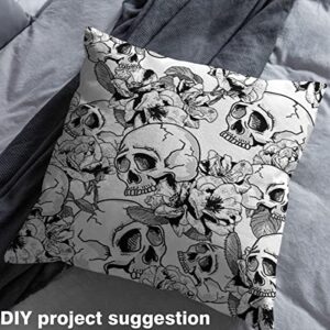 Erosebridal Sugar Skull Upholstery Fabric, Retro Floral Fabric by The Yard, Halloween Gothic Theme Decorative Fabric, Hand Drawn Skeleton Bones Waterproof Fabric, Black White, 1 Yard