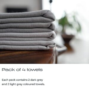 KOHDA LIVING Premium Silver Infused Kitchen Towels - 100% Organic Cotton Dish Towels - Odor Controlled Tea Towels (Pack of 4) Absorbent Kitchen Hand Towels Gray