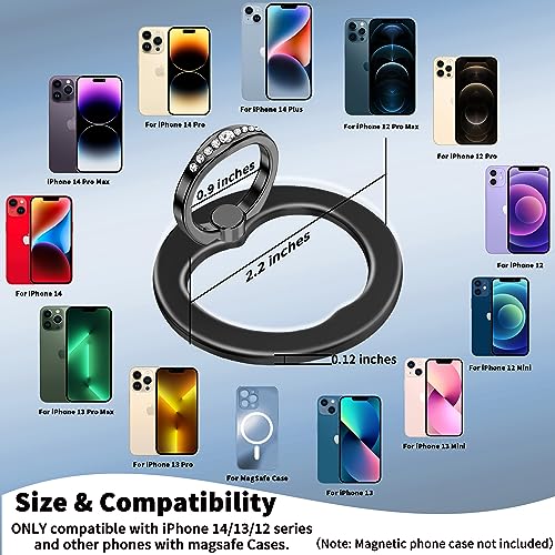 TACOMEGE Crystal Magnetic Phone Grip Holder, Mag Safe Accessories Ring Stand, for iPhone 14 13 12 Plus/Pro/Max/Mini(Black)