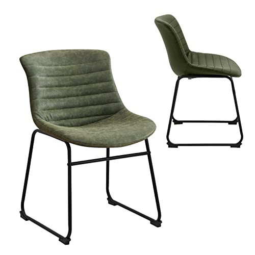 Chairelax Retro Side Bar Dining Chair Leather Kitchen Chair with Metal Legs for Kitchen, Living, Dining Room, Set of 2 (Green)