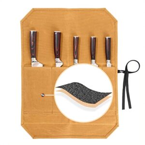 knife roll bags, 16oz waxed canvas knife holder (5 slots & specialized anti cutting fabric), multi-purpose knife pouch with tie rope, khaki