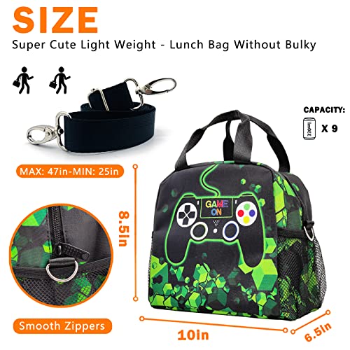 Video Game Lunch Bag Insulated Lunch Box Small Lunch Tote Bags with Water Bottle Holder, Adjustable & Removable Shoulder Strap Lunch Box