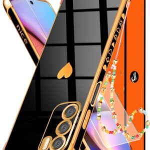 Likiyami (2in1 for Motorola Moto G Stylus 5G 2022 Case Heart Women Girls Girly Cute Luxury Pretty Aesthetic Phone Cases Black and Gold Love Hearts Cover+Screen+Chain for Moto G Stylus 5G 2022 6.8"