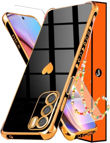 Likiyami (2in1 for Motorola Moto G Stylus 5G 2022 Case Heart Women Girls Girly Cute Luxury Pretty Aesthetic Phone Cases Black and Gold Love Hearts Cover+Screen+Chain for Moto G Stylus 5G 2022 6.8"