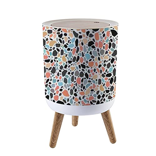 Small Trash Can with Lid Terrazzo floor seamless Mosaic stone pool texture Antique style cement Round Garbage Can Press Cover Wastebasket Wood Waste Bin for Bathroom Kitchen Office 7L/1.8 Gallon