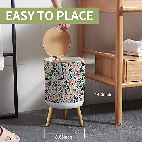 Small Trash Can with Lid Terrazzo floor seamless Mosaic stone pool texture Antique style cement Round Garbage Can Press Cover Wastebasket Wood Waste Bin for Bathroom Kitchen Office 7L/1.8 Gallon