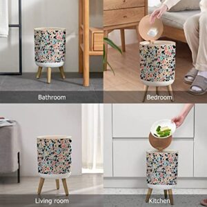 Small Trash Can with Lid Terrazzo floor seamless Mosaic stone pool texture Antique style cement Round Garbage Can Press Cover Wastebasket Wood Waste Bin for Bathroom Kitchen Office 7L/1.8 Gallon