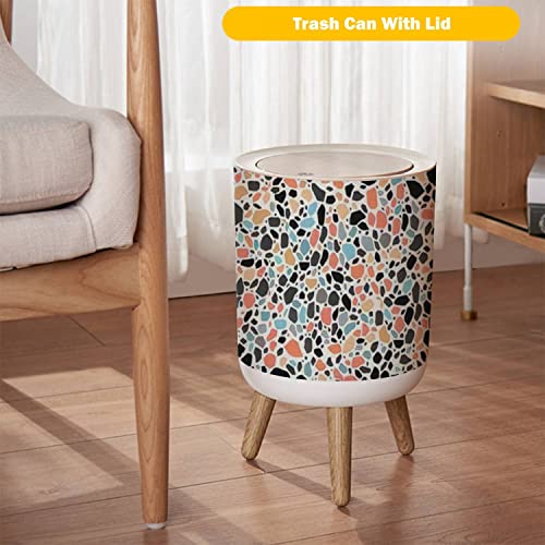 Small Trash Can with Lid Terrazzo floor seamless Mosaic stone pool texture Antique style cement Round Garbage Can Press Cover Wastebasket Wood Waste Bin for Bathroom Kitchen Office 7L/1.8 Gallon