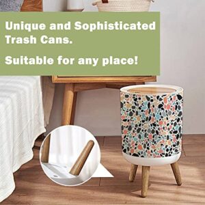 Small Trash Can with Lid Terrazzo floor seamless Mosaic stone pool texture Antique style cement Round Garbage Can Press Cover Wastebasket Wood Waste Bin for Bathroom Kitchen Office 7L/1.8 Gallon