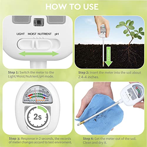 [Upgraded] Soil Moisture Meter, 4-in-1 Soil pH Tester, Soil Moisture/Light/Nutrients/pH Meter for Gardening, Lawn, Farming, Indoor & Outdoor Plants Use, No Batteries Required