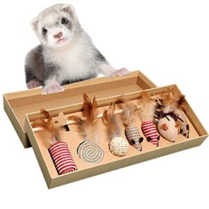 7 pack ferret toys - interactive ferret toys assortments feather teaser wand with sisal mice balls and bells toys for ferret cat kitten puppy (7 pack)