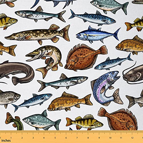 Fish Upholstery Fabric, Ocean Animal Fabric by The Yard, Wild Sea Fish Decorative Fabric, Coloured Fishing Indoor Outdoor Fabric, DIY Art Waterproof Fabric for Quilting Sewing, Brown Blue, 1 Yard