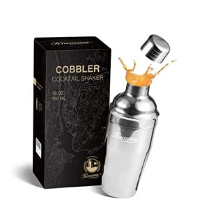 kitessensu cocktail shaker, 18oz martini shaker with strainer, premium 18/8 stainless steel cobbler drink shaker, recipes booklet included