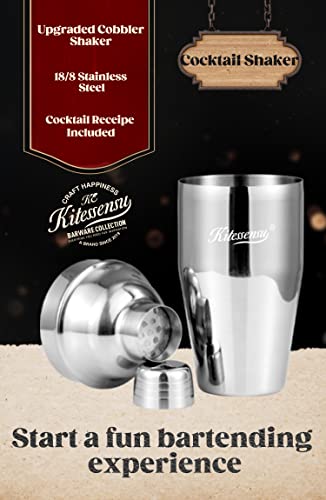 KITESSENSU Cocktail Shaker, 18oz Martini Shaker with Strainer, Premium 18/8 Stainless Steel Cobbler Drink Shaker, Recipes Booklet Included