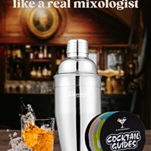 KITESSENSU Cocktail Shaker, 18oz Martini Shaker with Strainer, Premium 18/8 Stainless Steel Cobbler Drink Shaker, Recipes Booklet Included