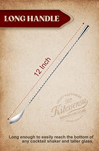 KITESSENSU Bar Spoon, 2 Pcs 12 Inches Stainless Steel Cocktail Mixing Spoons With Long Handle, Bartender Bar Stirring spoon for Layering, Stirring, Spiral Pattern