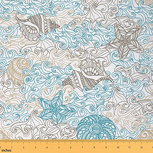 Nautical Upholstery Fabric for Chairs, Ocean Waves Fabric by The Yard, Boho Sea Shell Decorative Fabric, Exotic Nature Starfish Outdoor Fabric, Dreamy DIY Waterproof Fabric, Teal, 3 Yards